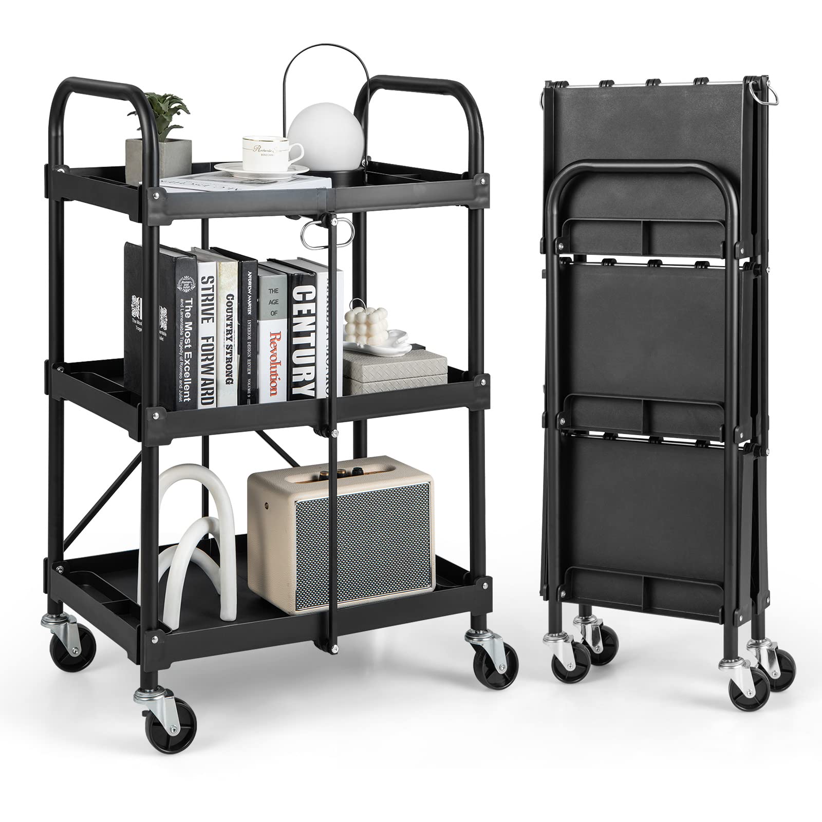 Goplus Folding Utility Cart, 3-Tier Rolling Tool Cart with Universal W ... Goplus Folding Utility Cart, 3-Tier Rolling Tool Cart with Universal W ...
