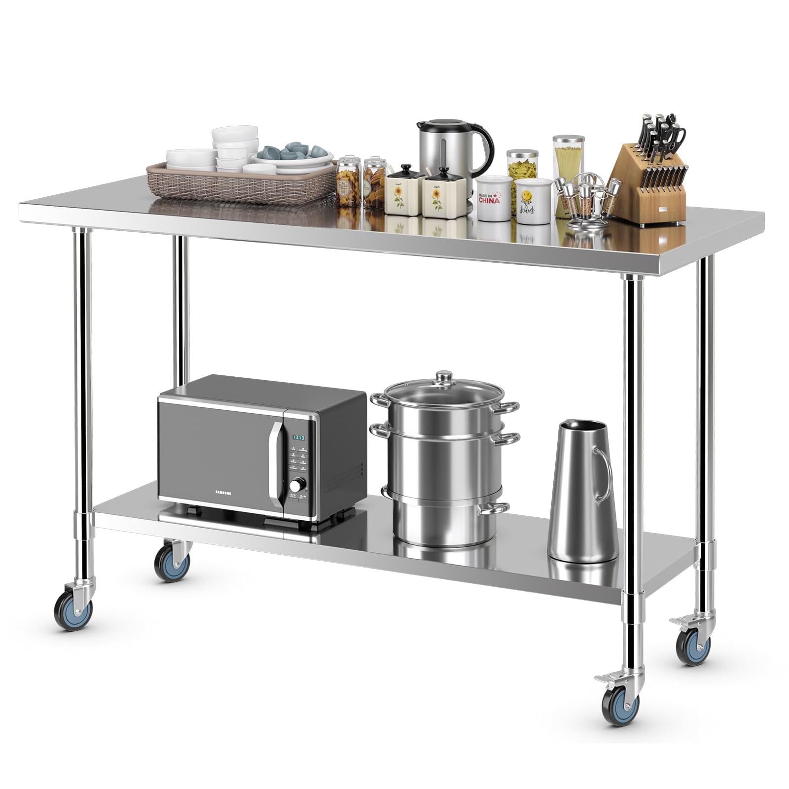 Goplus Stainless Steel Table with Wheels, 60” x 24” Rolling Kitchen Pr ...